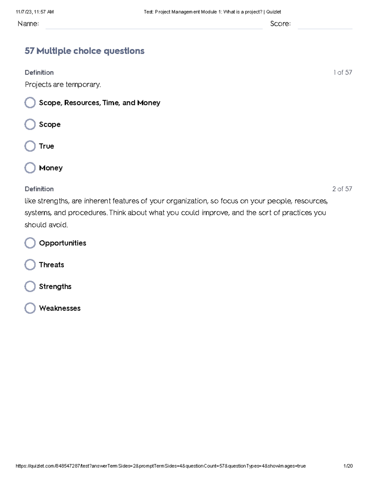 PM Example Answer Sheet for Module 1 - Name: Score: 57 Multiple choice ...