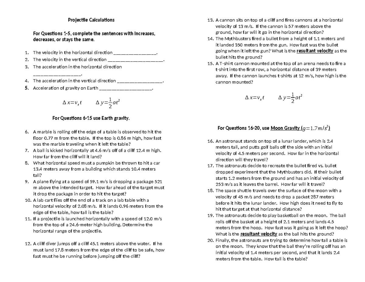 Projectile Calculations Practice Ks - Projectile Calculations For ...
