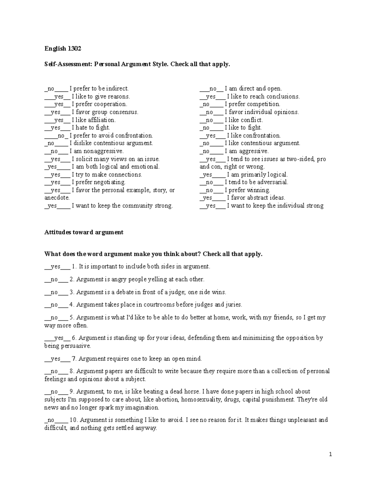 Self Assessment Attitudes toward argument - English 1302 Self ...
