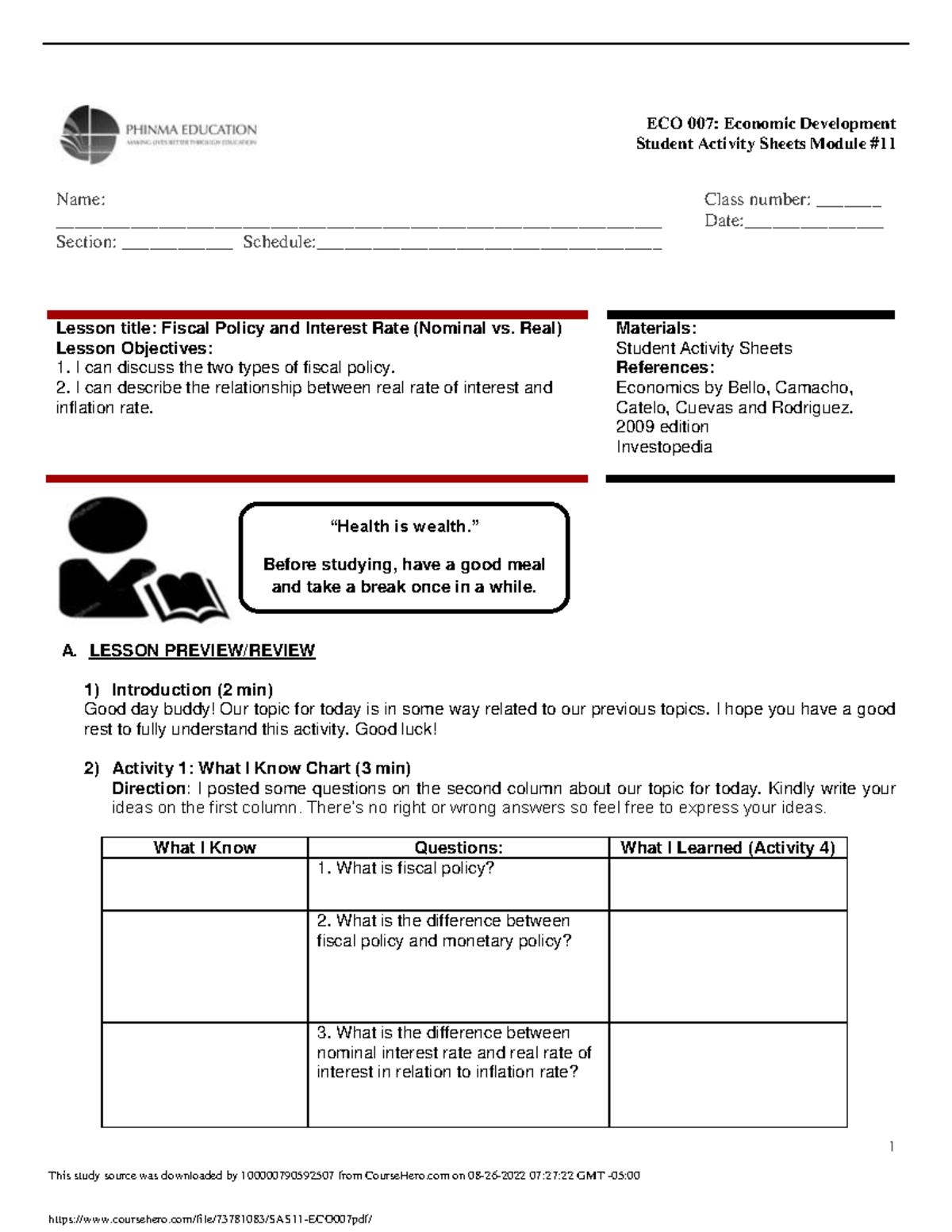 SAS 11 ECO007 - THIS WILL HELP YOU IN YOUR STUDIES. GOOD LUCK! - Student Activity Sheets Module ...