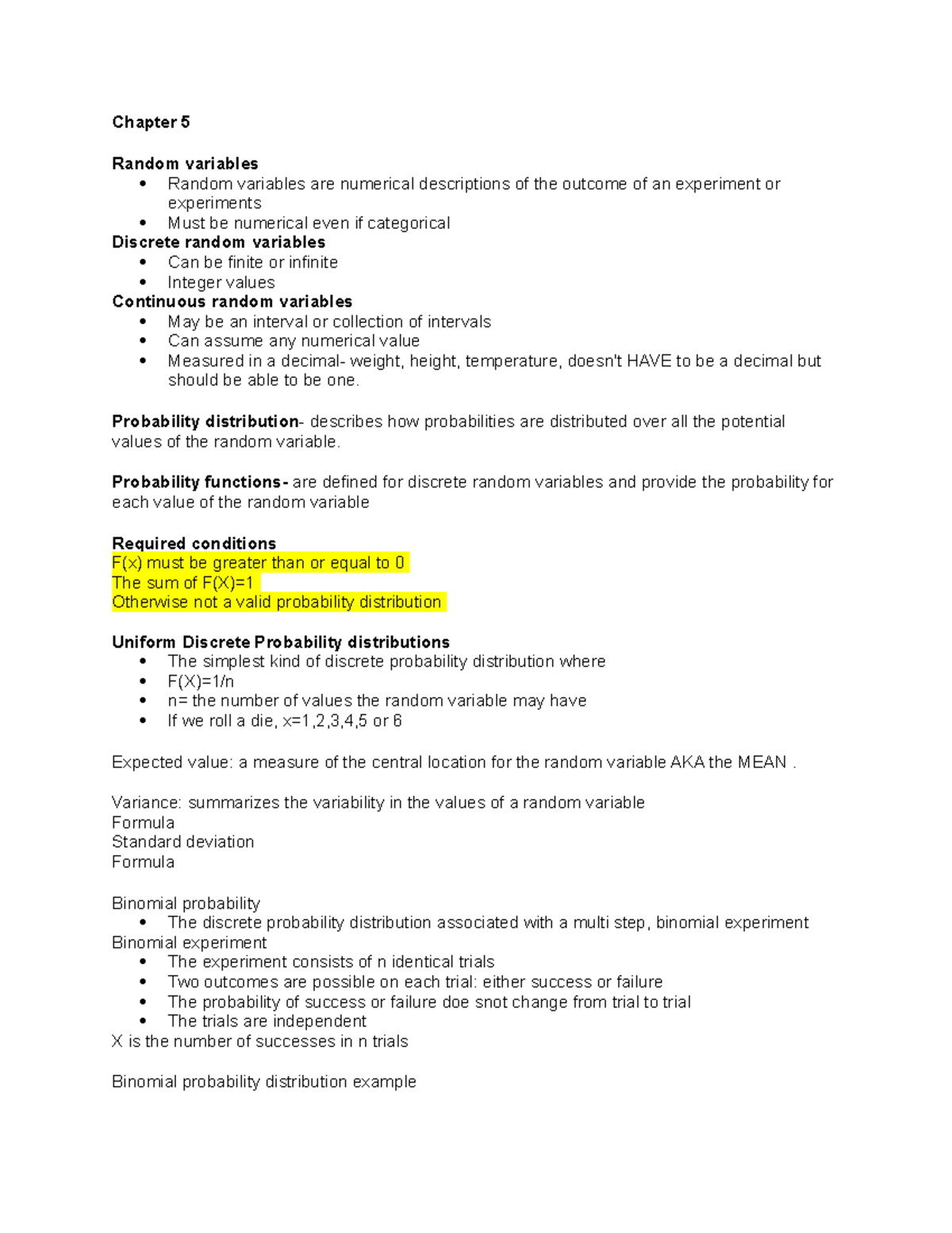 Statistics exams - Chapter 5 Random variables Random variables are numerical descriptions of the ...