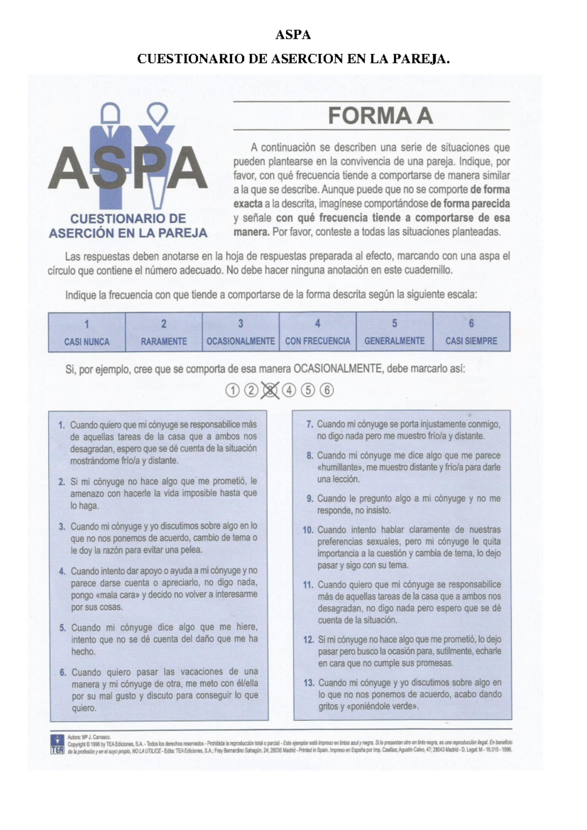 ASPA Cuestionario A y B - Hoja de respuesta - ASPA CUESTIONARIO DE ASERCION EN LA PAREJA. - Studocu