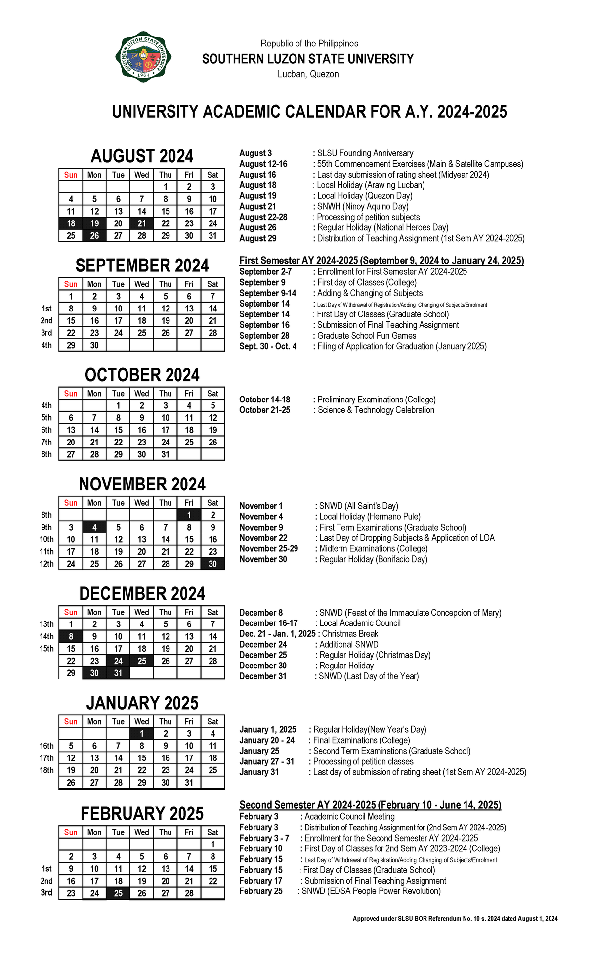 Approved University Academic Calendar AY 2024 2025 - Sun Mon Tue Wed ...