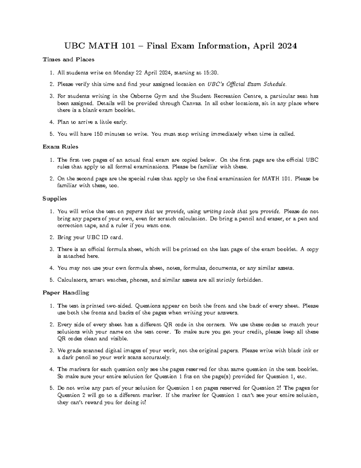 Exam Spec MATH101 2023W2 - UBC MATH 101 – Final Exam Information, April ...