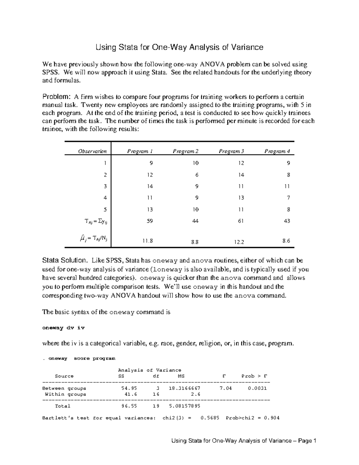 Using Stata for One-Way Analysis of Variance - We will now approach it ...