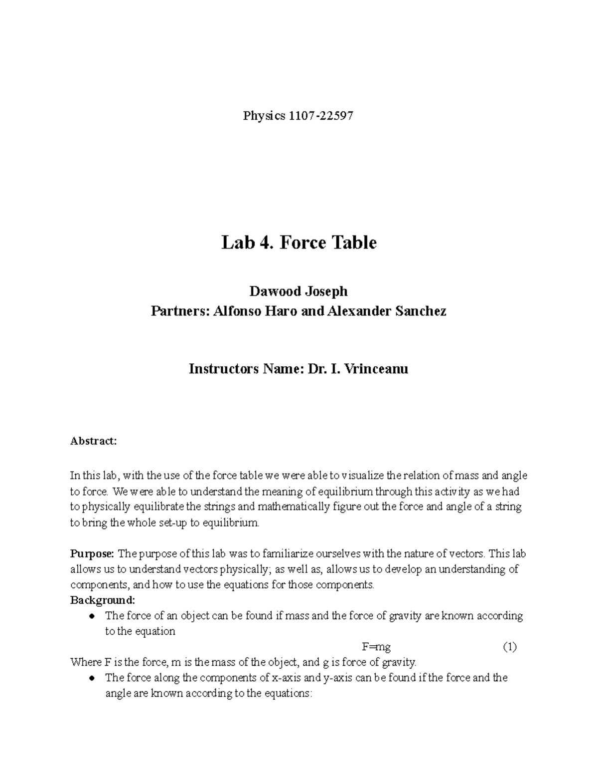 Lab4 Joseph Dawood - physics lab on forces and vectors - Physics 1107 ...