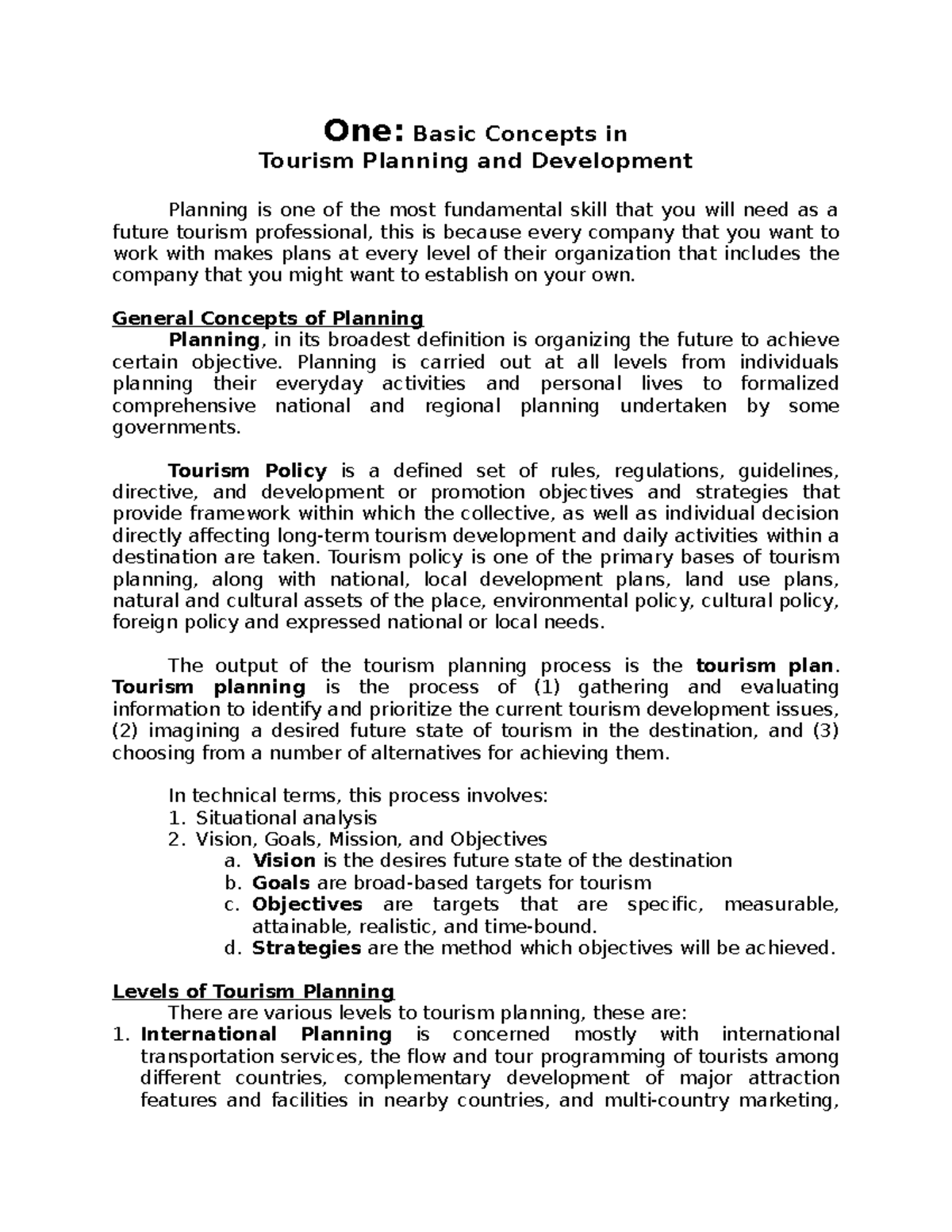 Basic Concept on Tourism Planning and De - One: Basic Concepts in ...