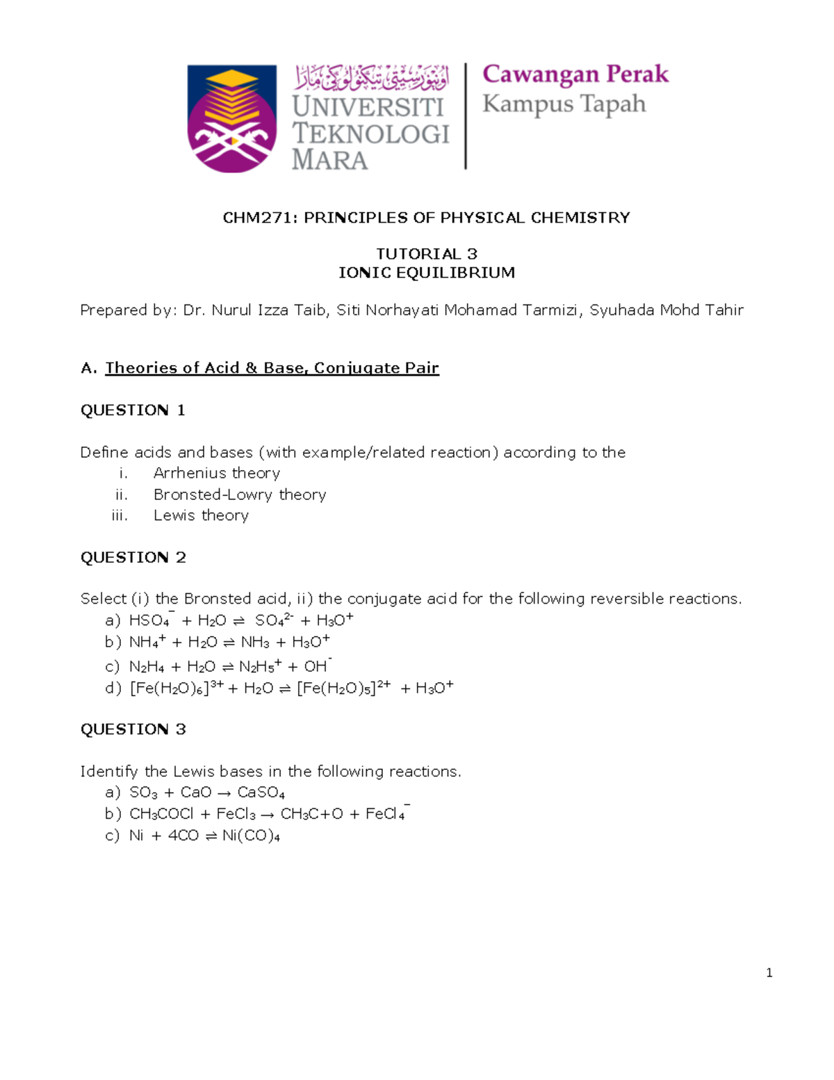 CHM271 Tutorial 3 Ionic Equilibrium - CHM271: PRINCIPLES OF PHYSICAL CHEMISTRY TUTORIAL 3 IONIC ...