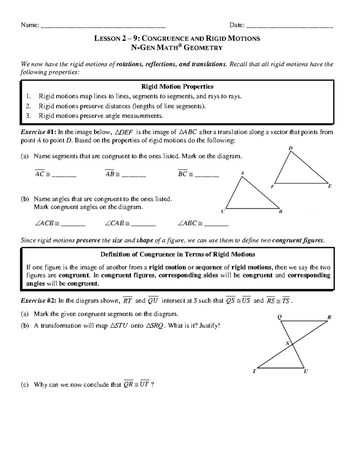 2-9 Congruence and Rigid Motions - Name ...
