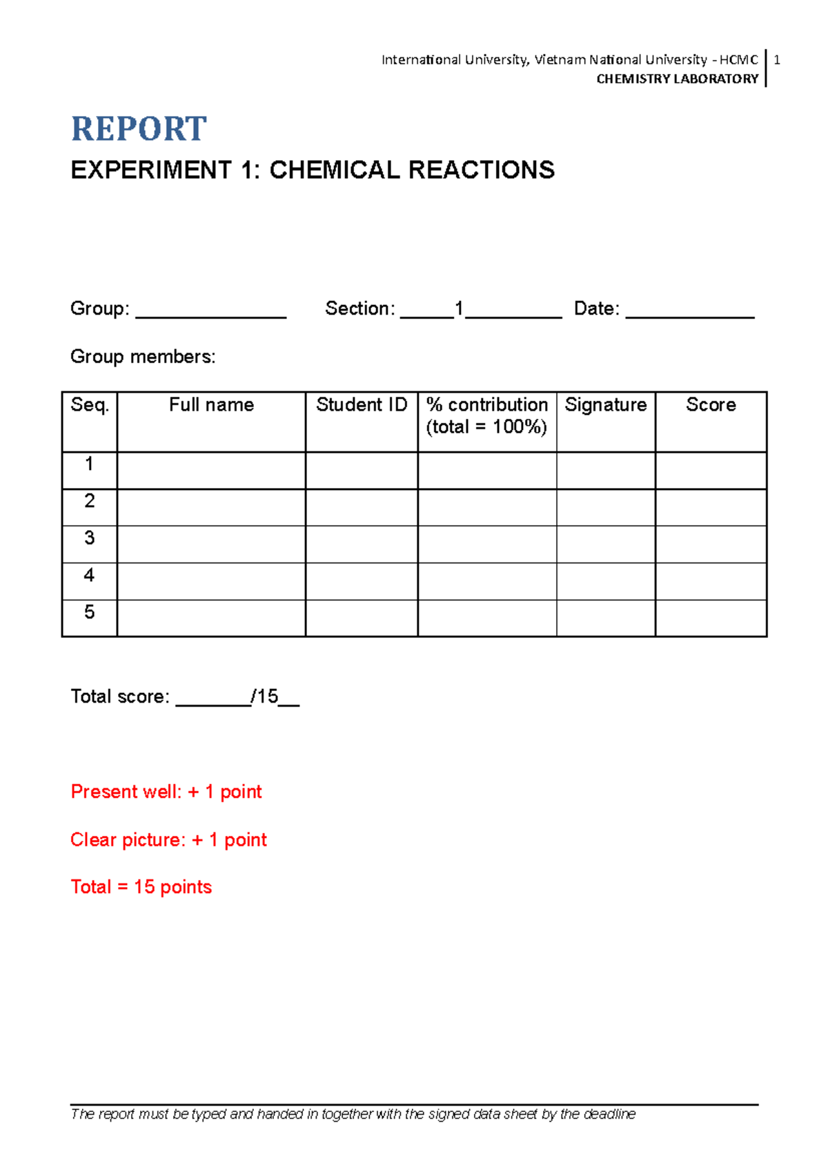 Report Chem Lab Grading - CHEMISTRY LABORATORY REPORT EXPERIMENT 1 ...