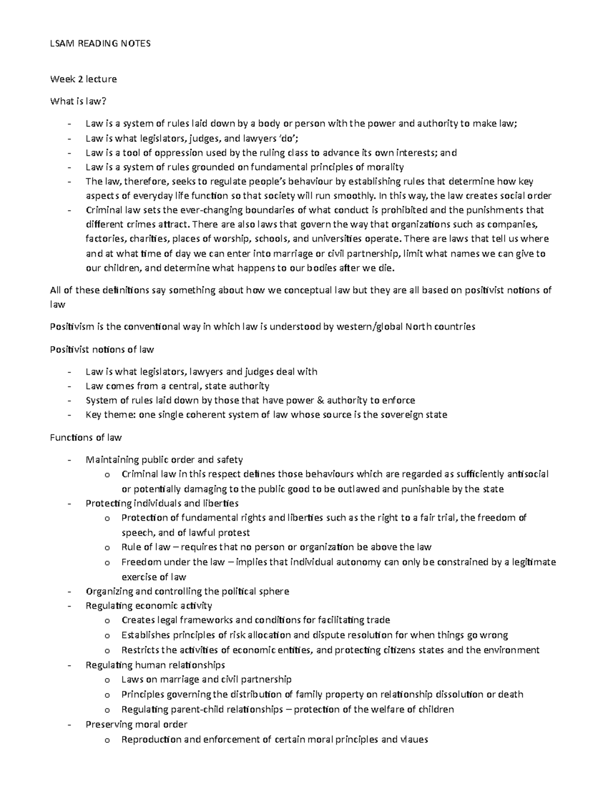 Reading notes for textbook - Week 2 lecture What is law? - Law is a ...