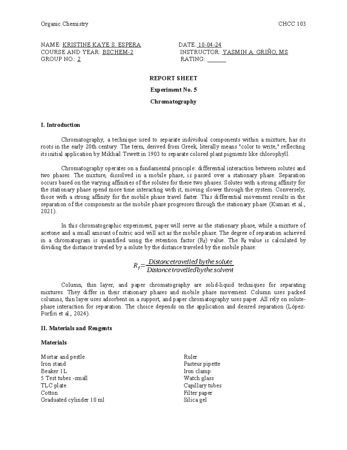 TINE Report 5 - NAME: KRISTINE KAYE S. ESPERA DATE: 10-04- COURSE AND ...