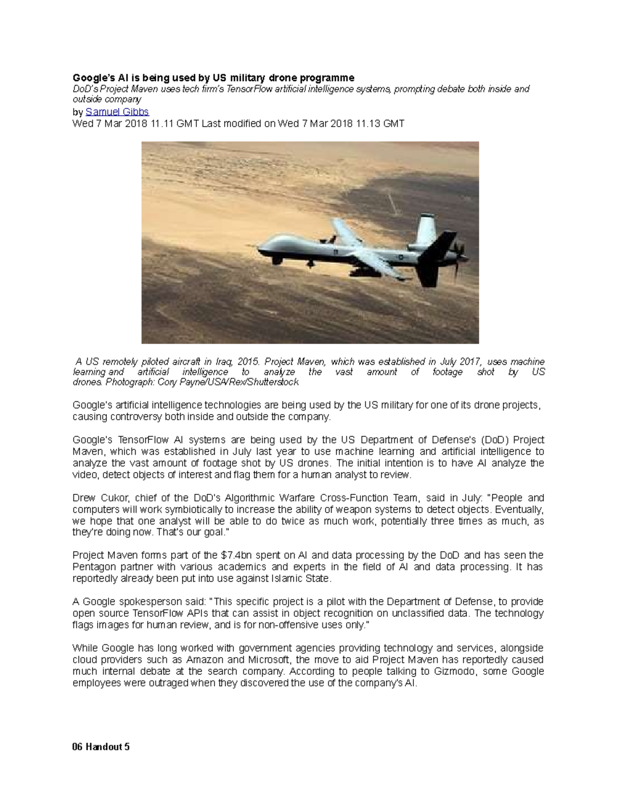 06 Handout 5 - 06 Handout 5 Google’s AI is being used by US military ...