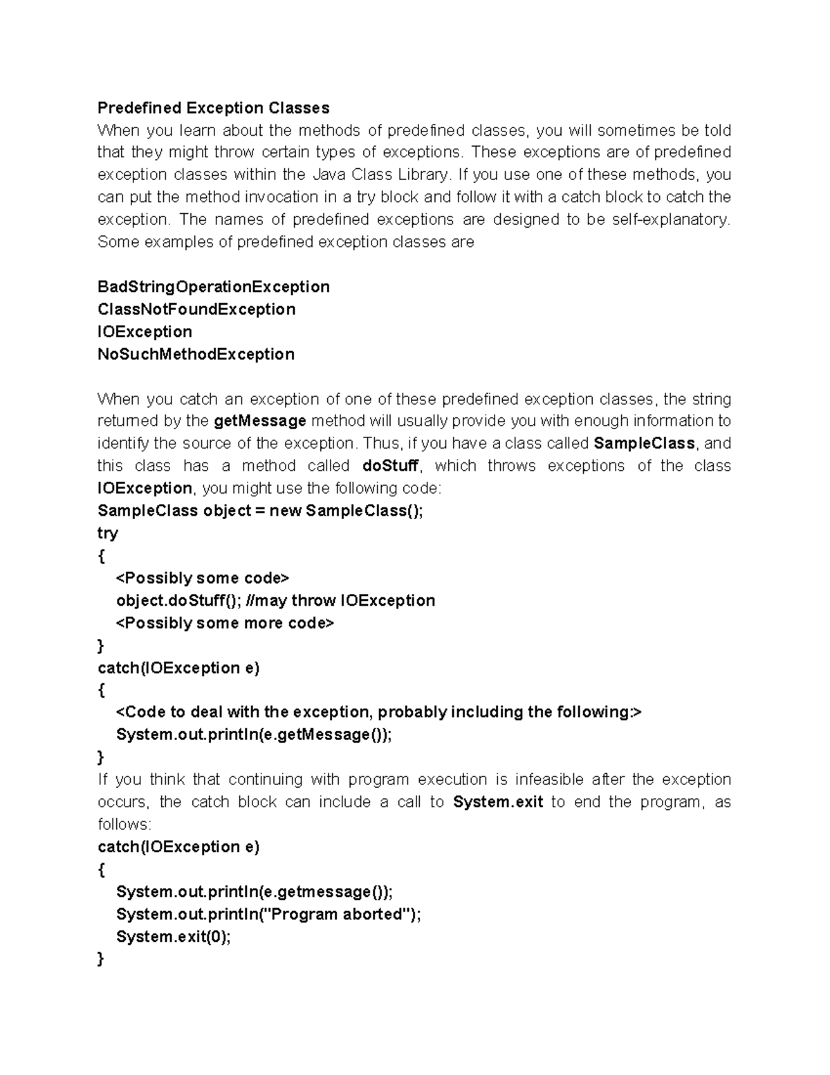 Exceptions Lesson 2 Java 2 Predefined Exception Classes When You Learn About The Methods Of