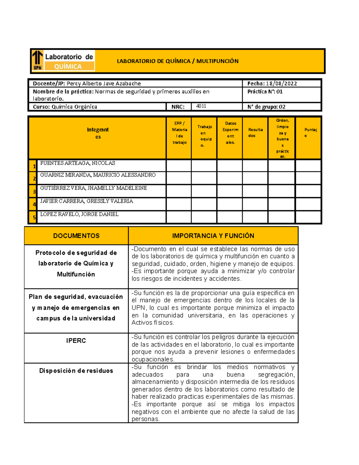 Practica N°01 Normas de seguridad y primeros auxilios en laboratorio Grupo N° 02 - Docente/JP ...