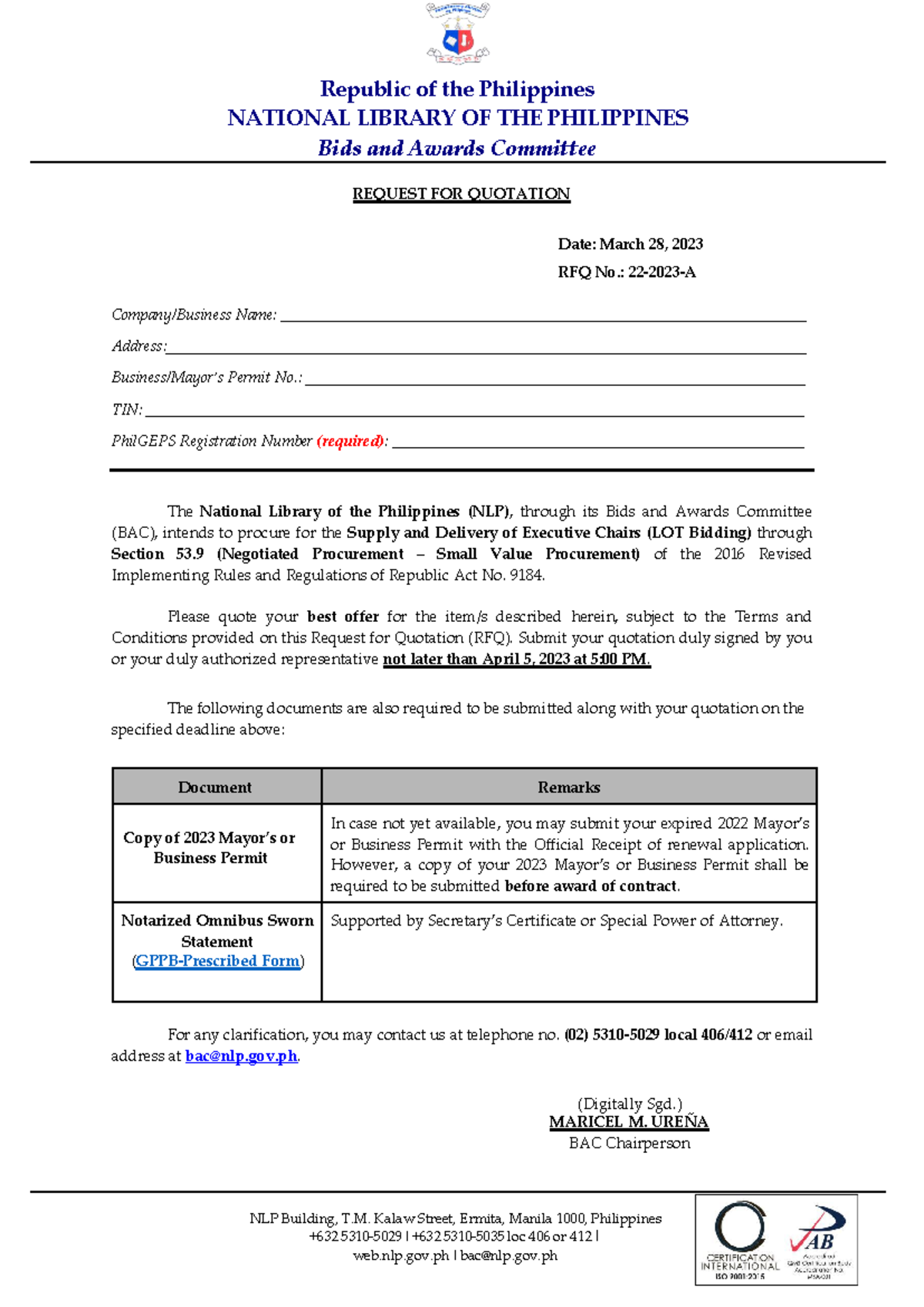 RFQ - Sample RFQ - NATIONAL LIBRARY OF THE PHILIPPINES Bids and Awards ...