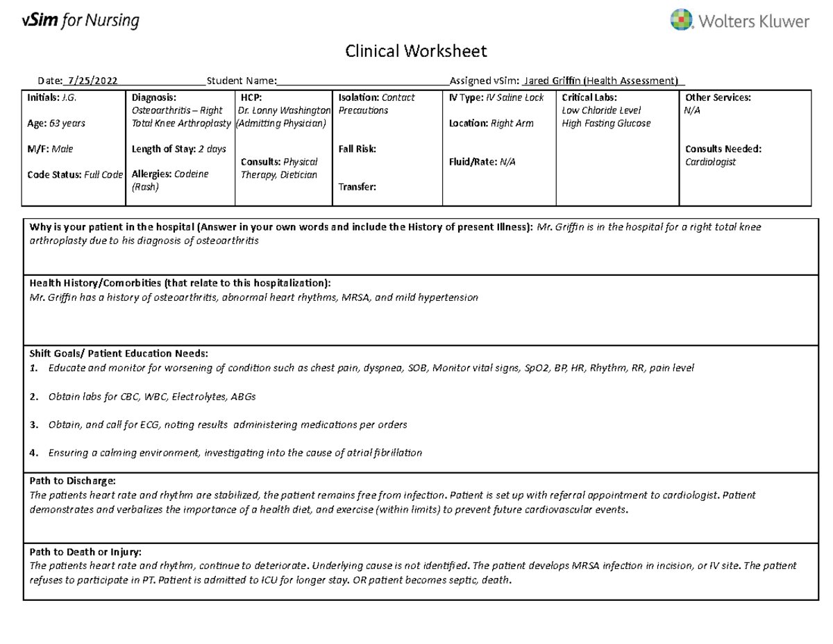 Assessment Jaredgriffin clinicalworksheets - Clinical Worksheet Date: 7 ...