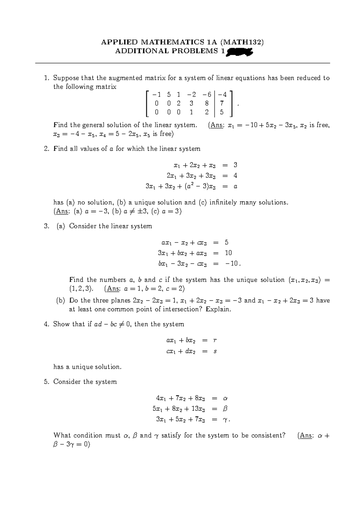 MATH132 P1 Tutorial 1... - APPLIED MATHEMATICS 1A (MATH132) ADDITIONAL PROBLEMS 1 (2023) Suppose ...