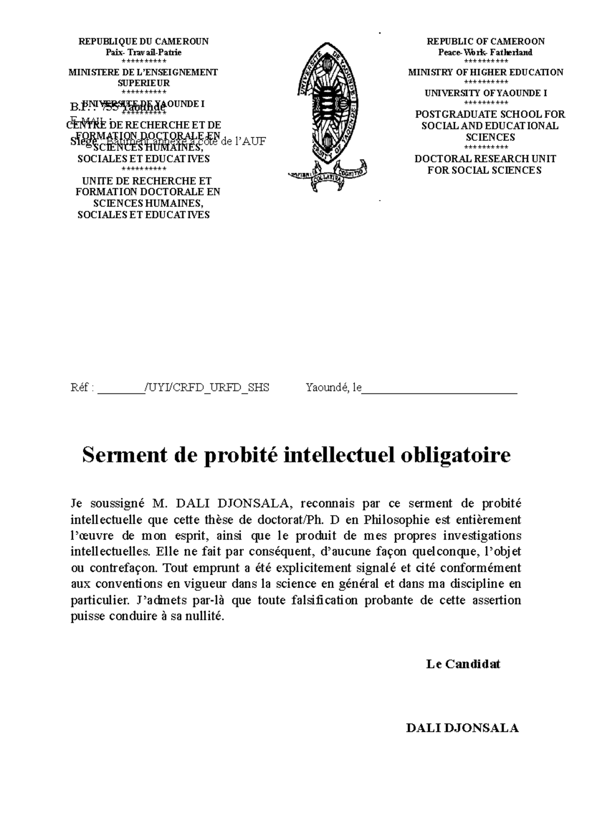 Serment de probité - Réf : /UYI/CRFD_URFD_SHS Yaoundé, le ...