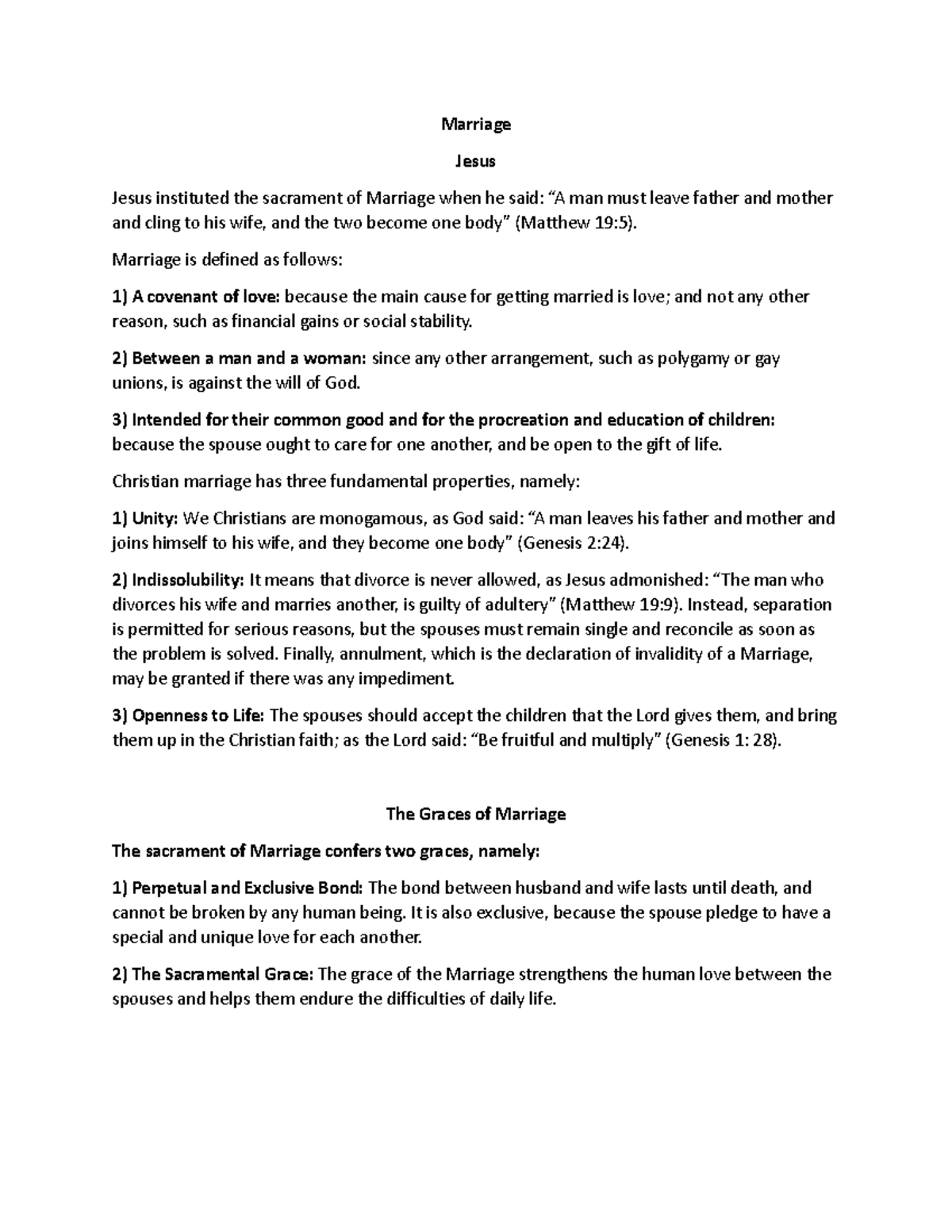 Marriage - lecture notes - Marriage Jesus Jesus instituted the ...