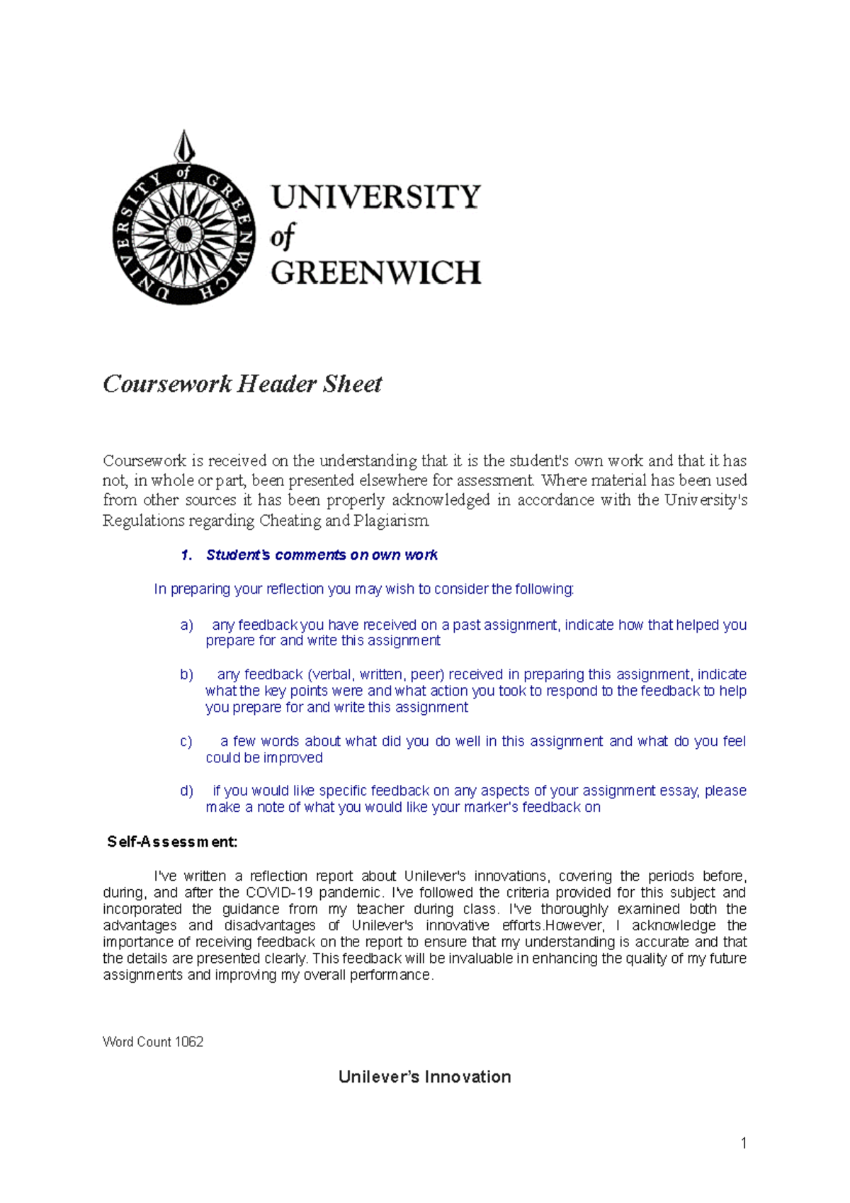 Individual reflection report of Unilever's innovation - Coursework ...