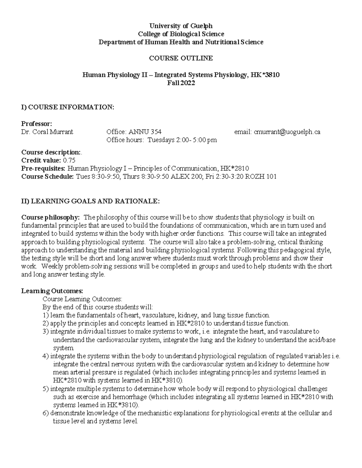 Human Physiology 2 course outline Aug 2022 - University of Guelph ...