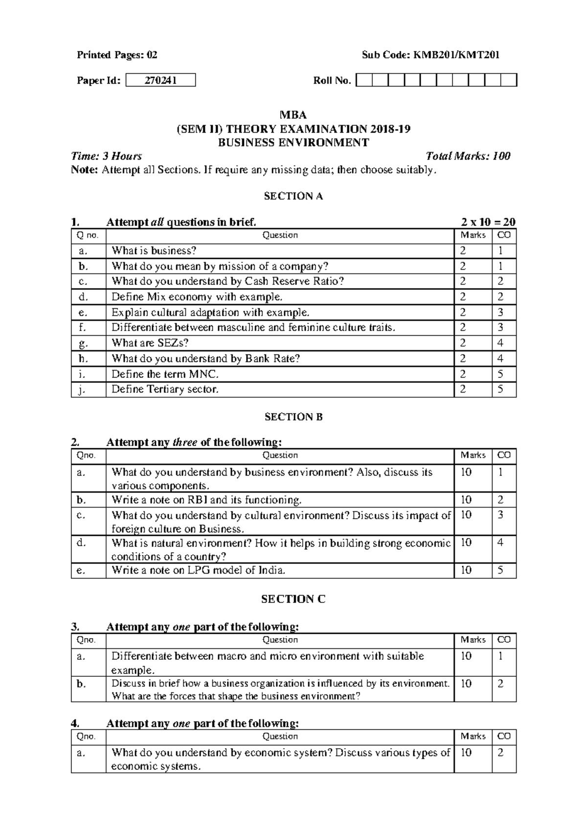 Aktu Mba 2nd Sem KMB 2019 Printed Pages 02 Sub Code KMB201 KMT