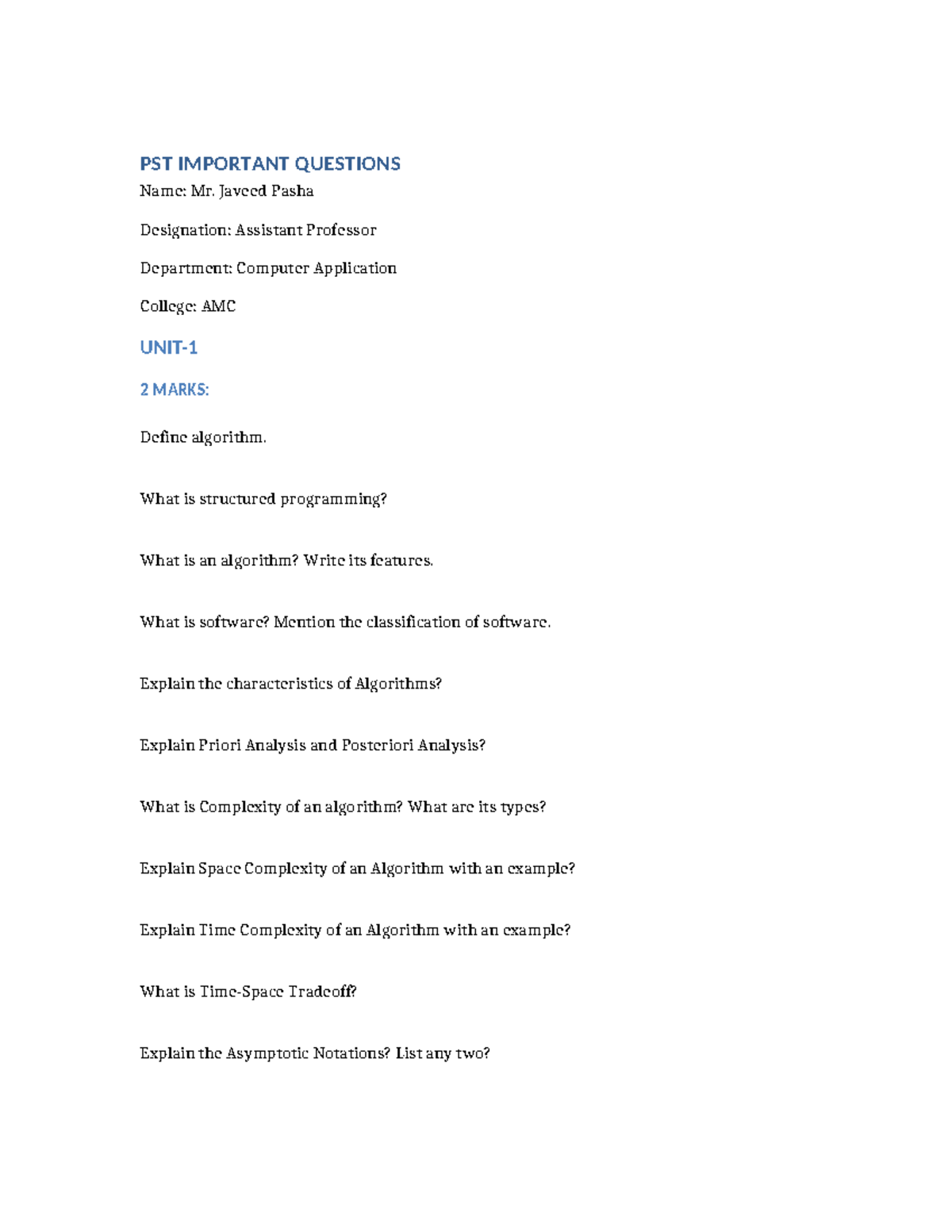 Complete PST Questions List - PST IMPORTANT QUESTIONS Name: Mr. Javeed ...