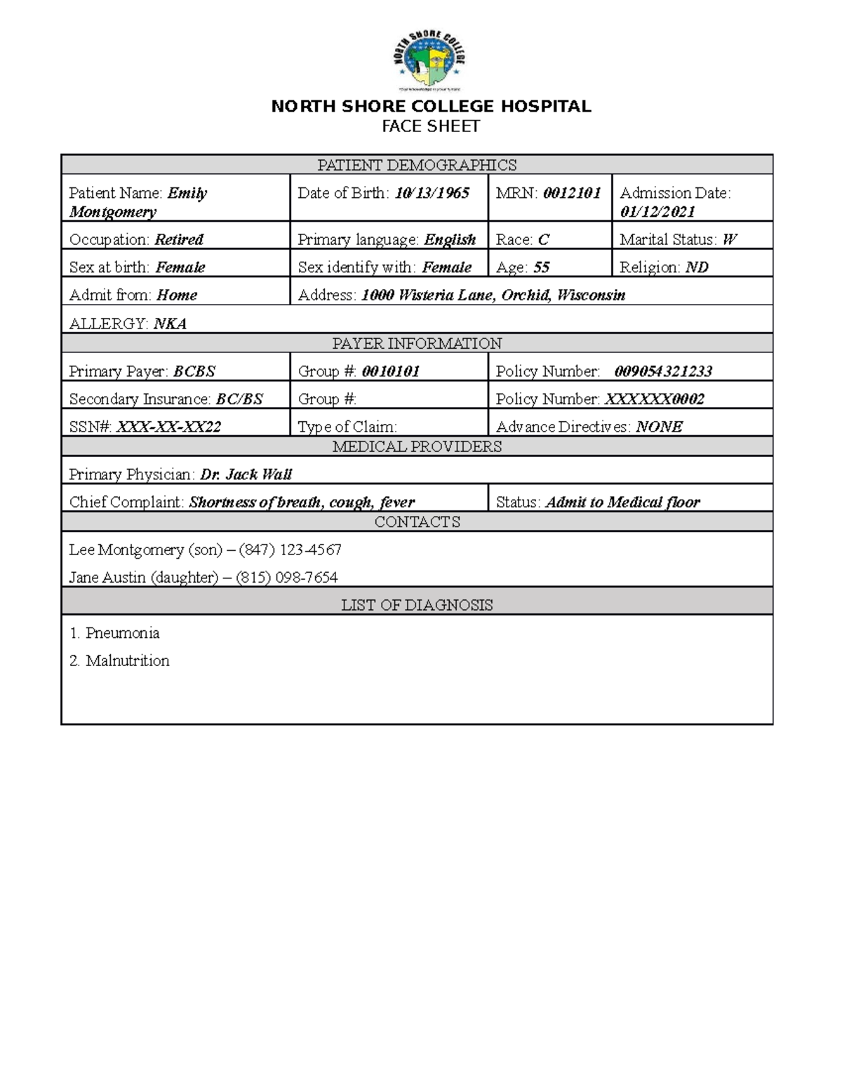 Face Sheet - Emily Montgomery - Pneumonia - NORTH SHORE COLLEGE ...