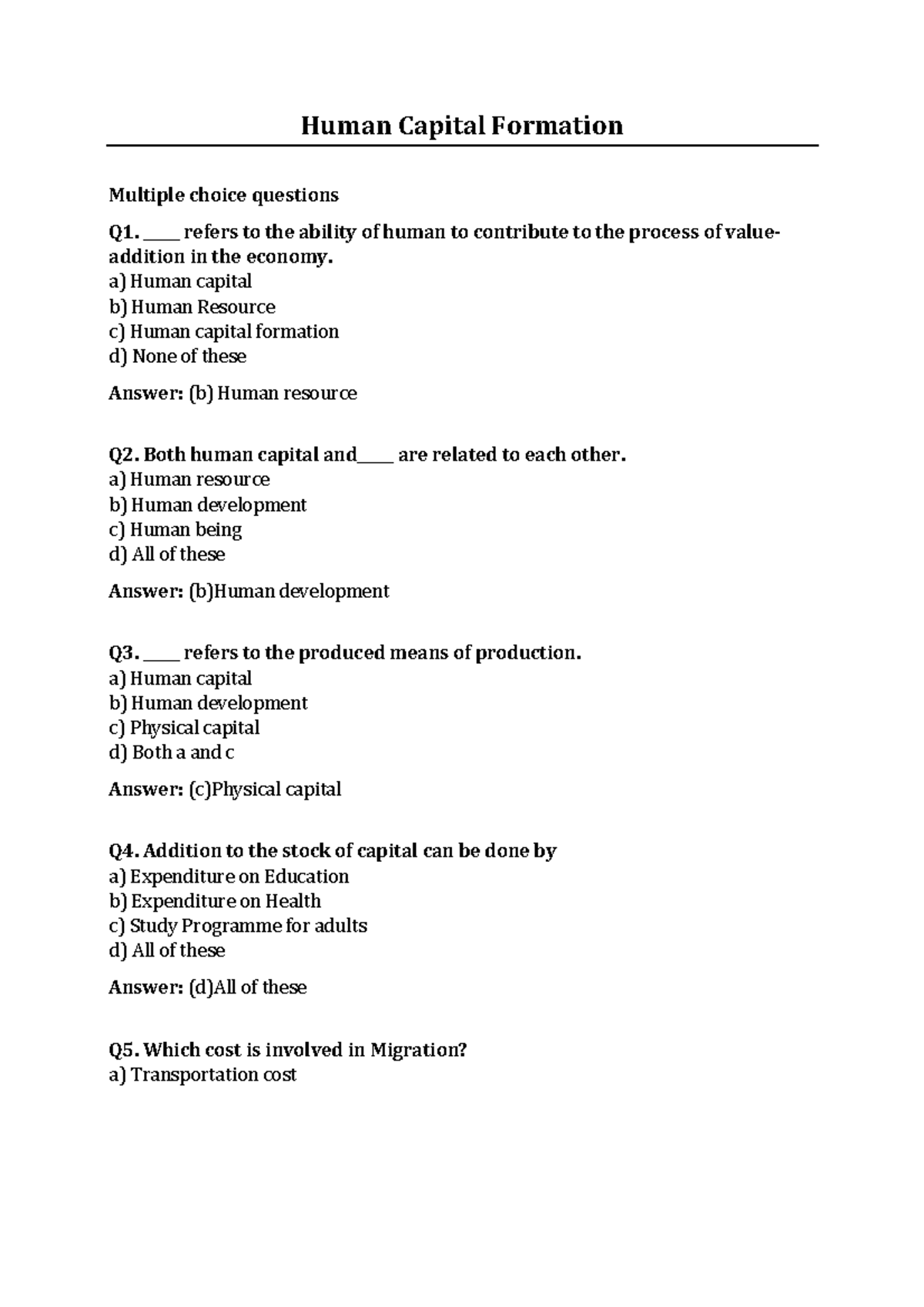 HCF - Human Capital Formation Multiple choice questions Q1 ...