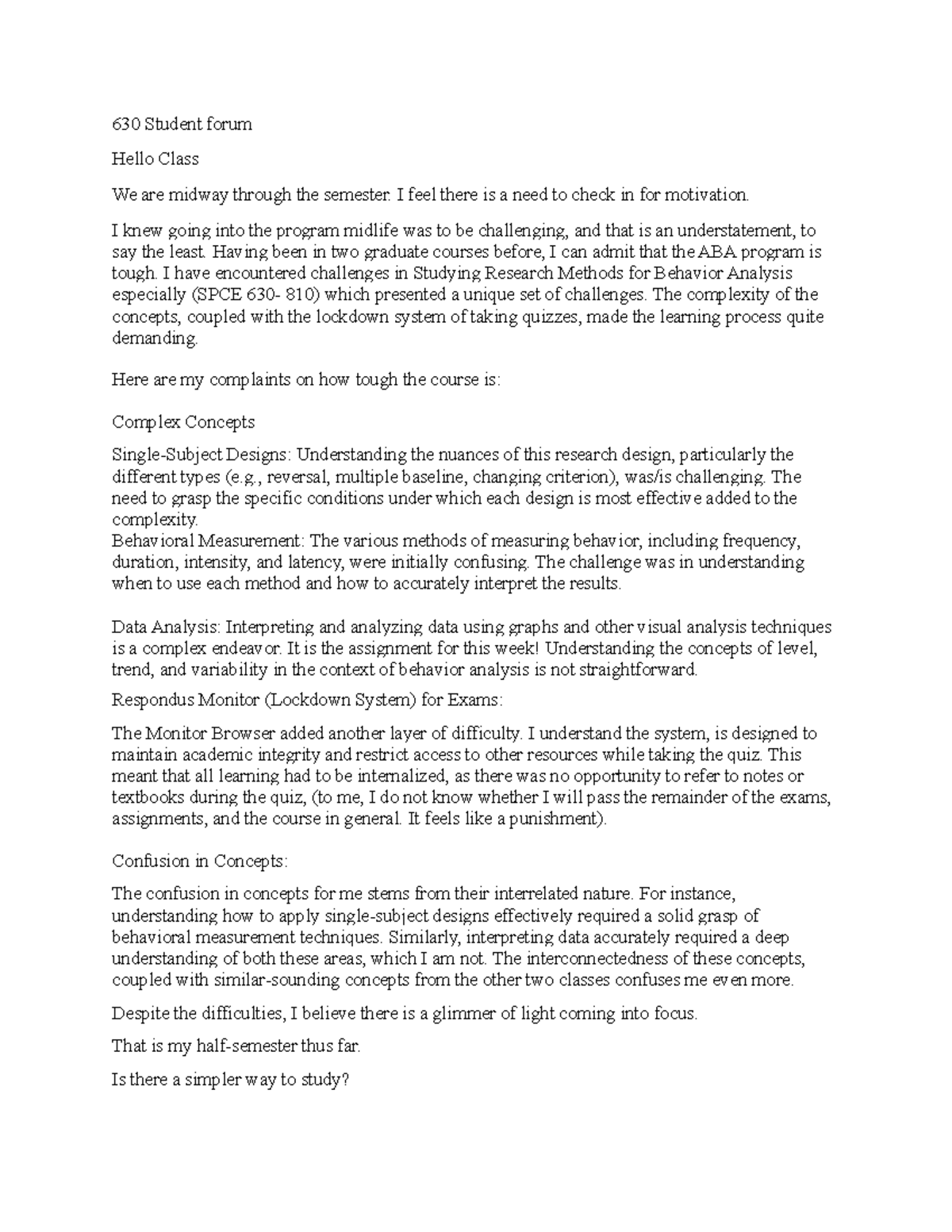 630 Student forum - Essay - 630 Student forum Hello Class We are midway ...