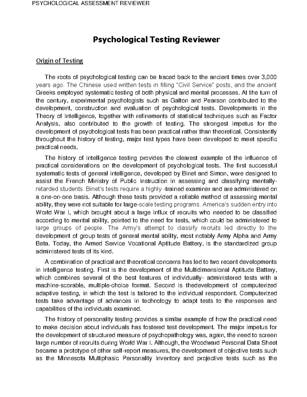 Psychological Assessment Outlined - Psychological Testing Reviewer ...