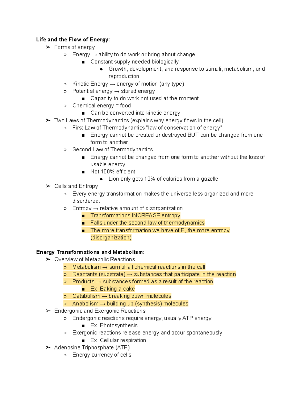 Intro to Biology Chap. 6 Metabolism; Energy and Enzymes - Life and the ...