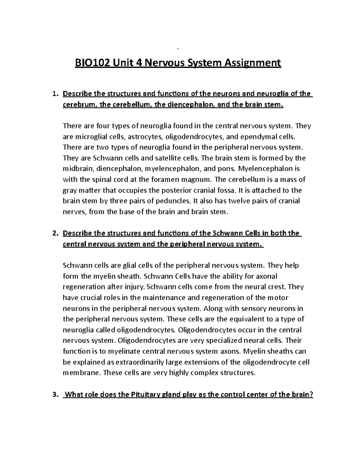 BIO102 Unit 4 Nervous System Assignment (1) - BIO102 Unit 4 Nervous System Assignment 1 ...