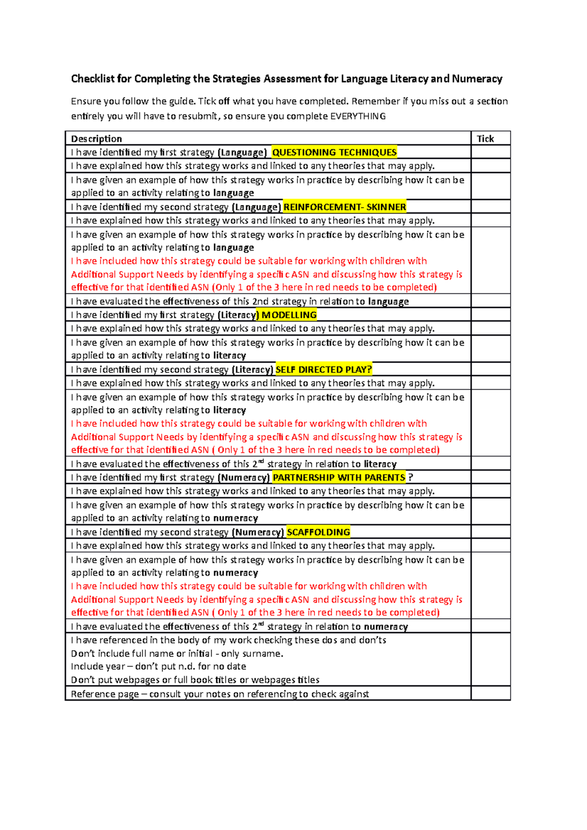 Language , Literacy and Numeracy Strategies Assessment Checklist ...