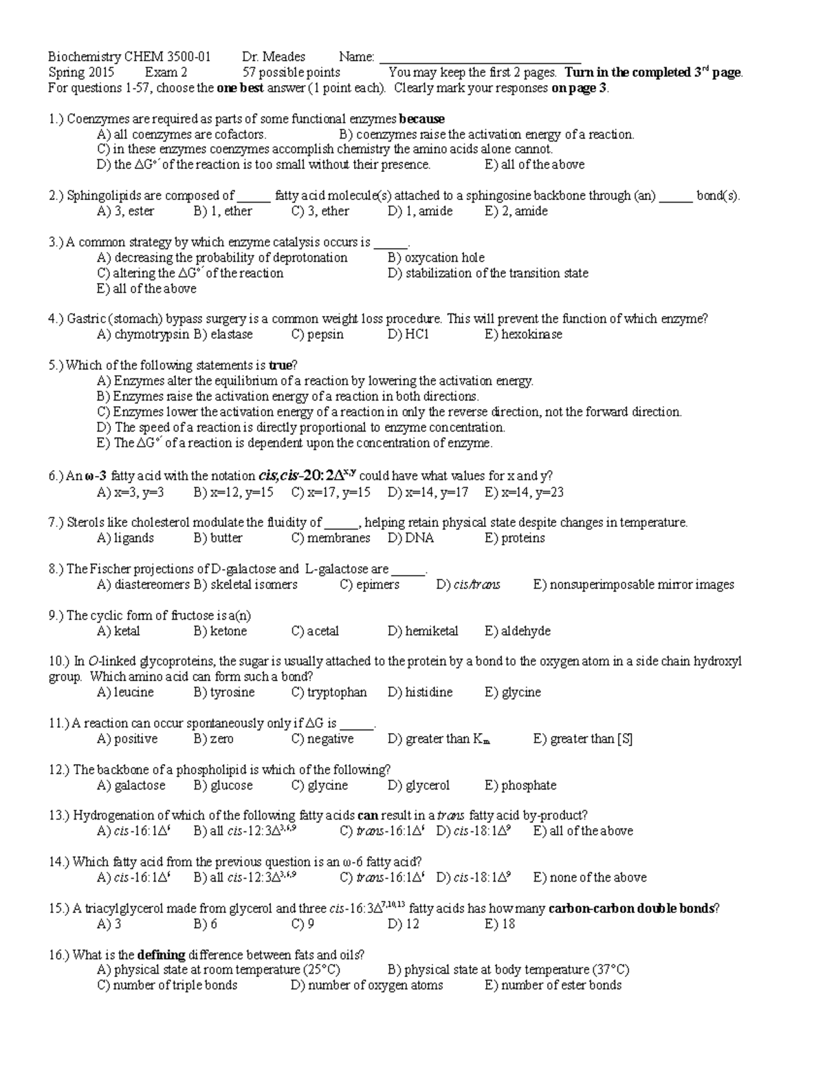 Exam 2 Spring 2015 - Practice exams and homework - Biochemistry CHEM ...