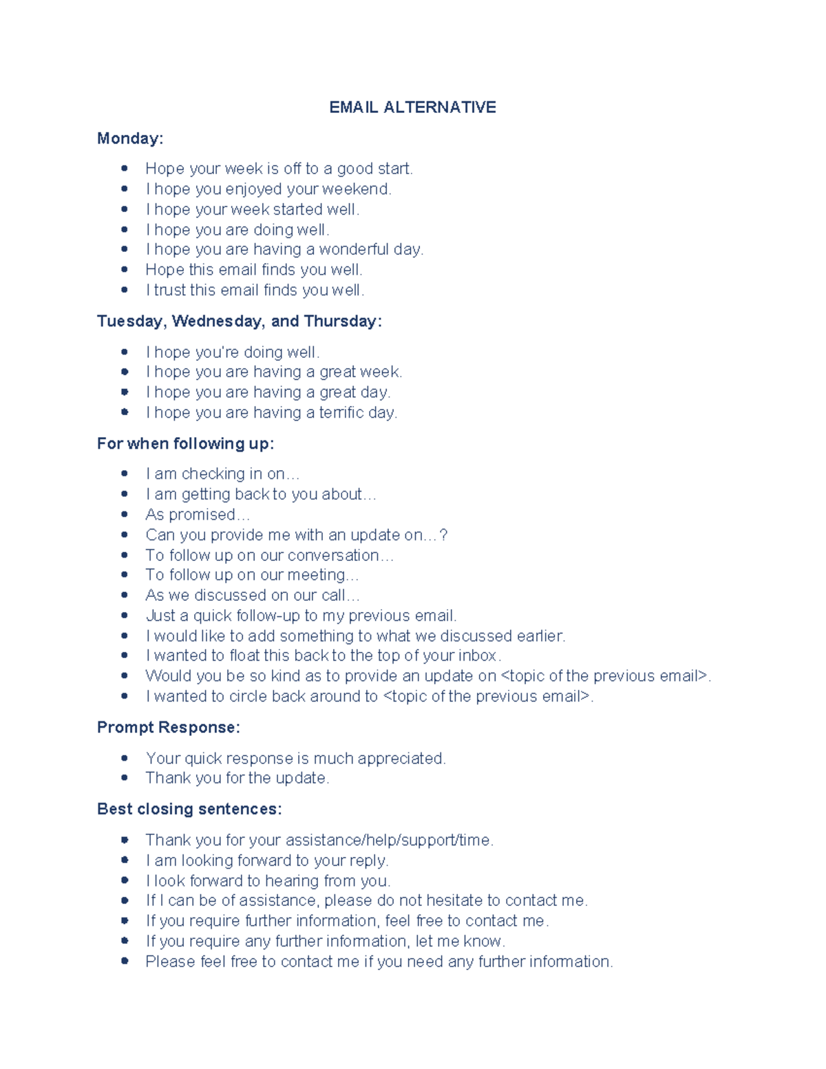 Email Alternative - ... - EMAIL ALTERNATIVE Monday: Hope your week is ...