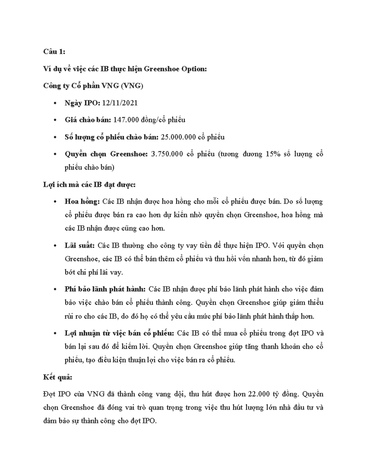 Bai tap Ngan hang dau tu - Ví dụ về việc các IB thực hiện Greenshoe ...