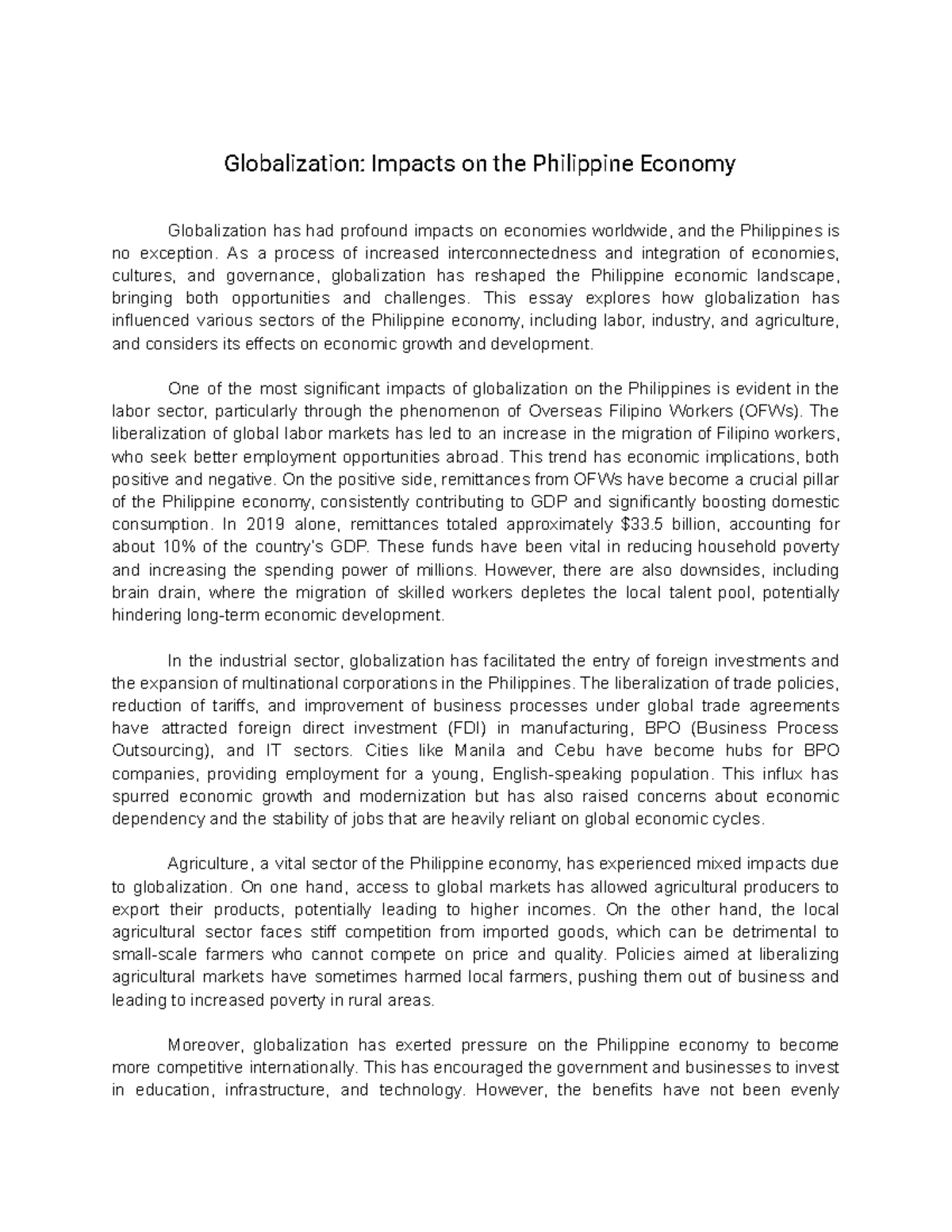 Globalization Impacts on the Philippine Econom - Globalization: Impacts ...