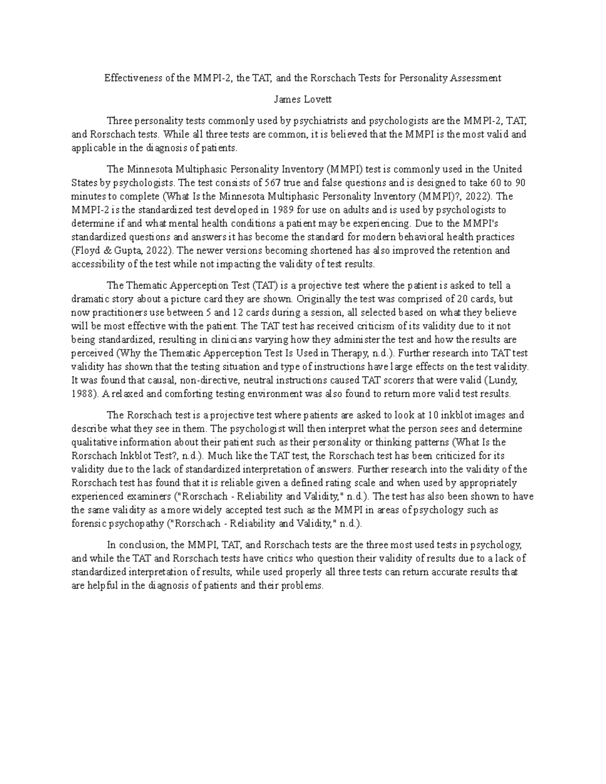 James Lovett Essay 2Final - Effectiveness of the MMPI-2, the TAT, and ...