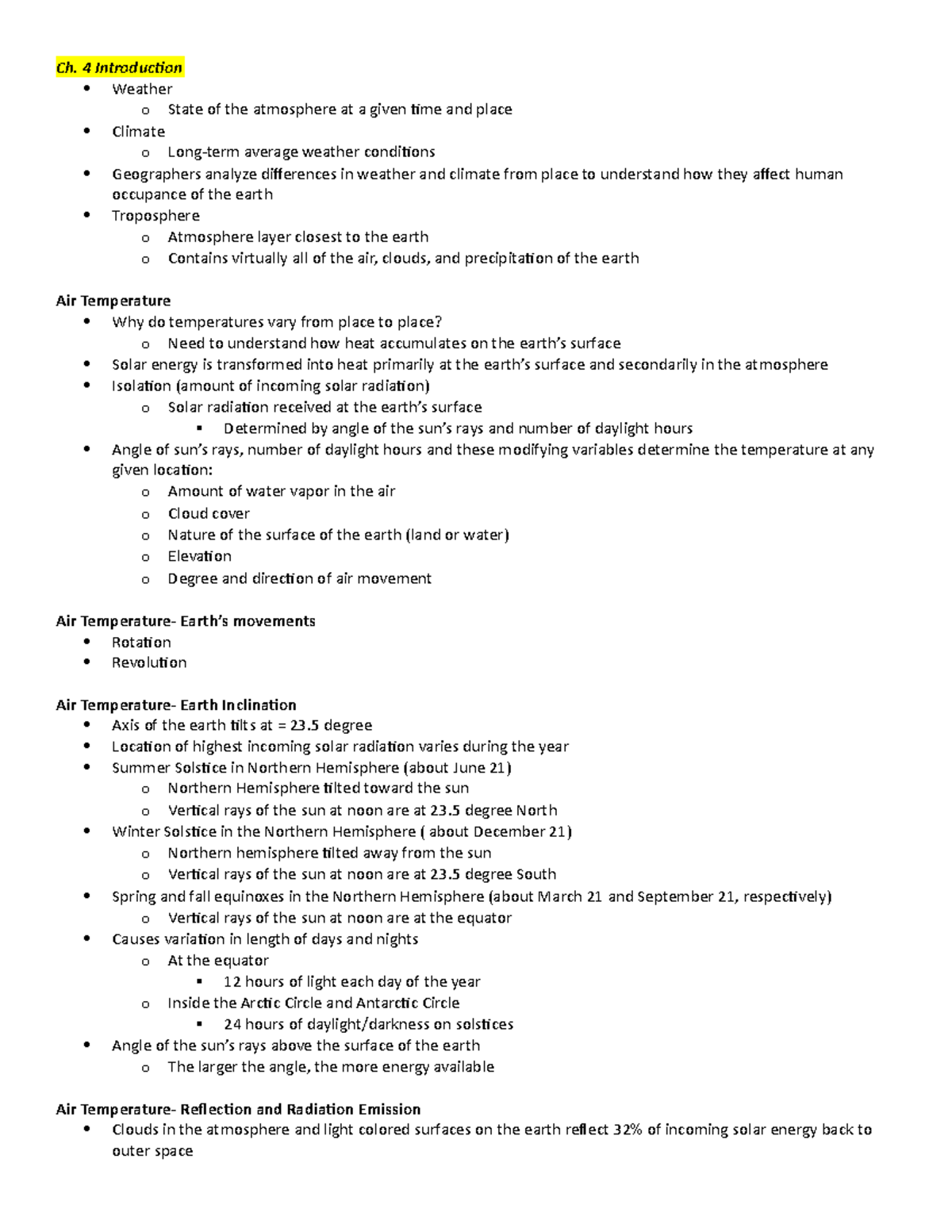 GEOG exam 2 - chapter 7 - Ch. 4 Introduction Weather o State of the ...