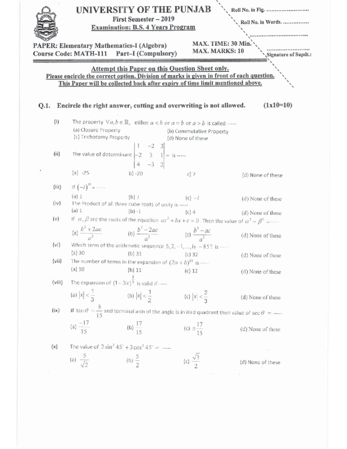 P2019-MATH-111 - past paper for bs psychology (mathematic) - Scheme of ...