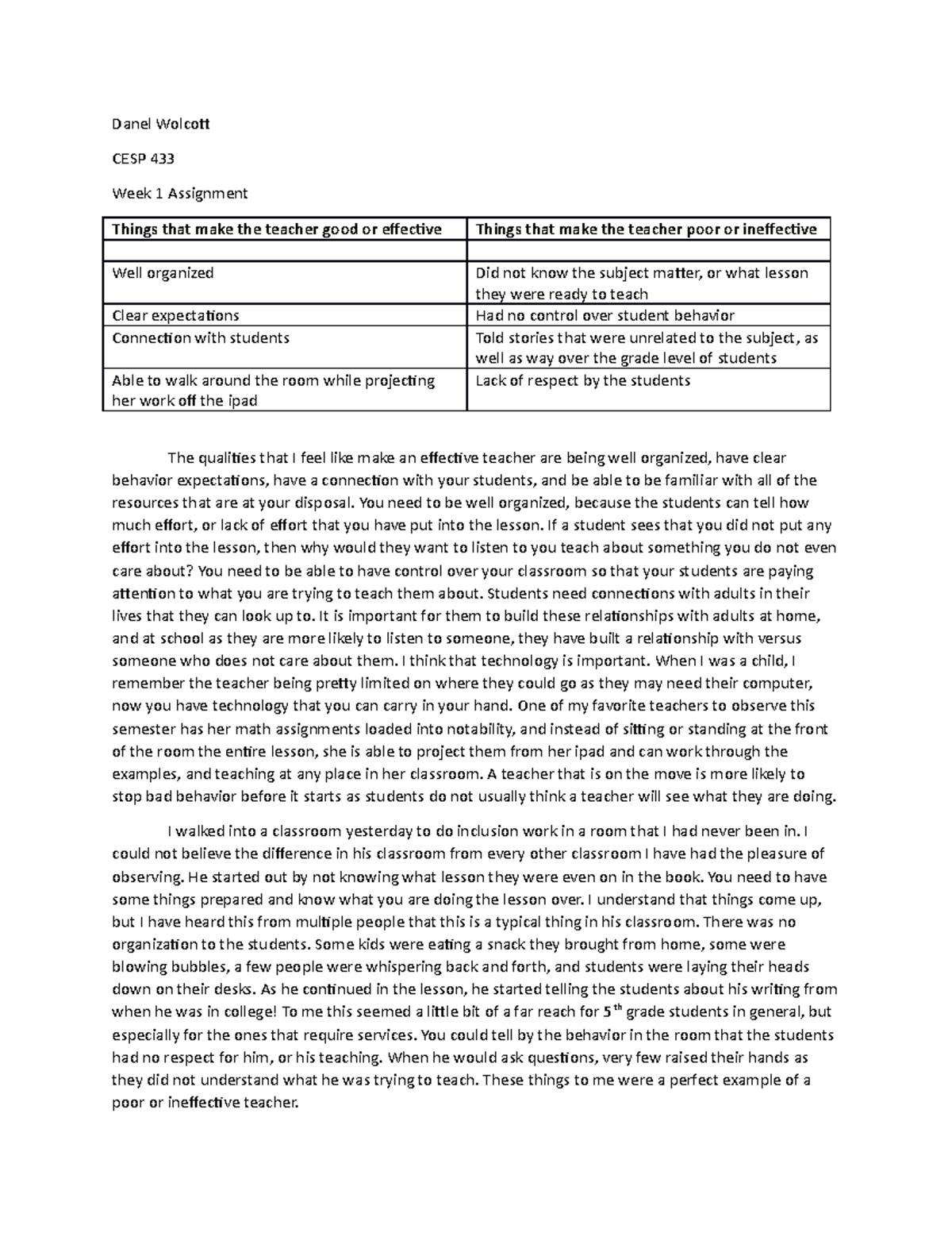 Week 1 - Week 1 practice - Danel Wolcot CESP 433 Week 1 Assignment ...