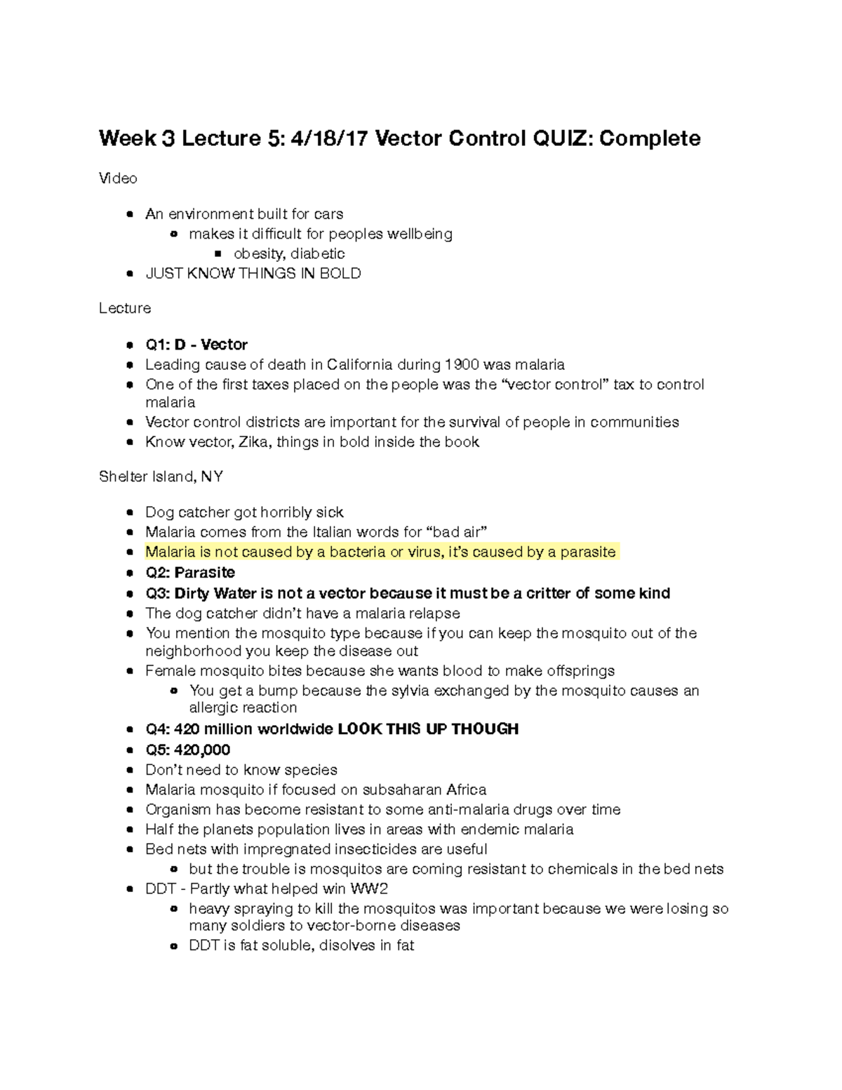 Env Hlt 100 Week 3 Lecture 5 Lecture Notes Week 3 Lecture 5 41817 Vector Control Quiz