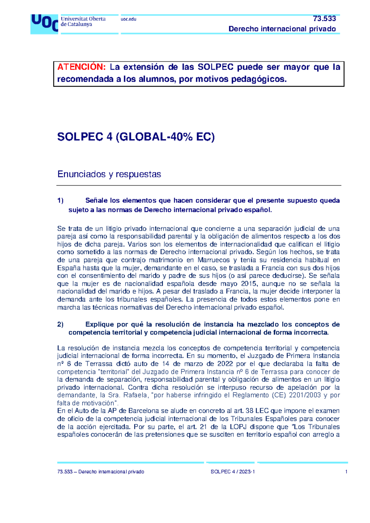 73533 Solpec 4 2023 1 DIPr - Derecho internacional privado ATENCIÓN: La extensión de las SOLPEC ...