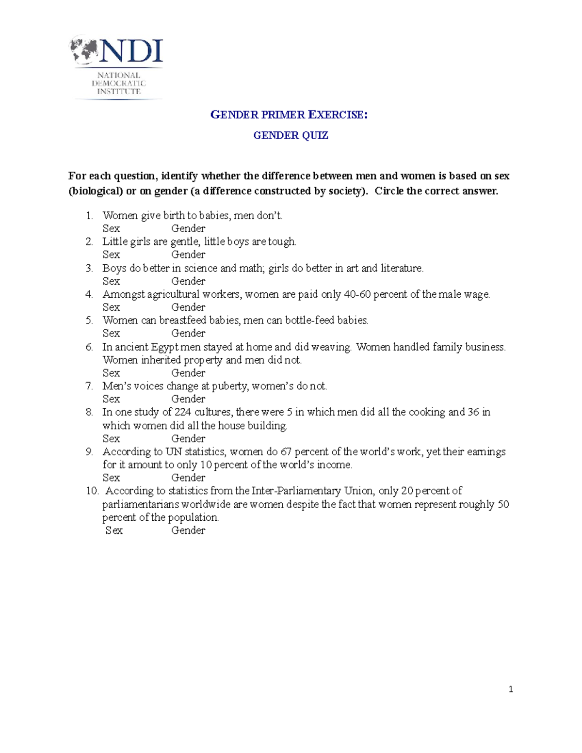 Handout 1 - Gender Quiz - koi;sofb;h - GENDER PRIMER EXERCISE: GENDER ...