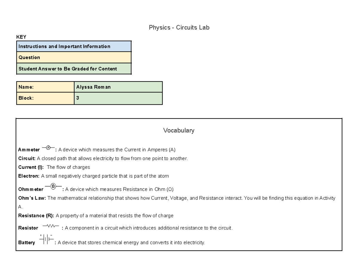 Copy of Circuit's Lab 1 Ohm's Law - Physics - Circuits Lab KEY ...