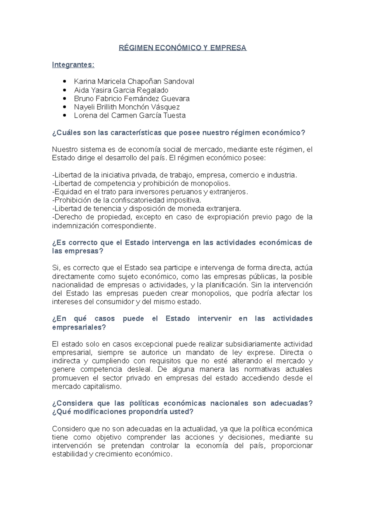 Régimen Económico Y Empresa - RÉGIMEN ECONÓMICO Y EMPRESA Integrantes ...