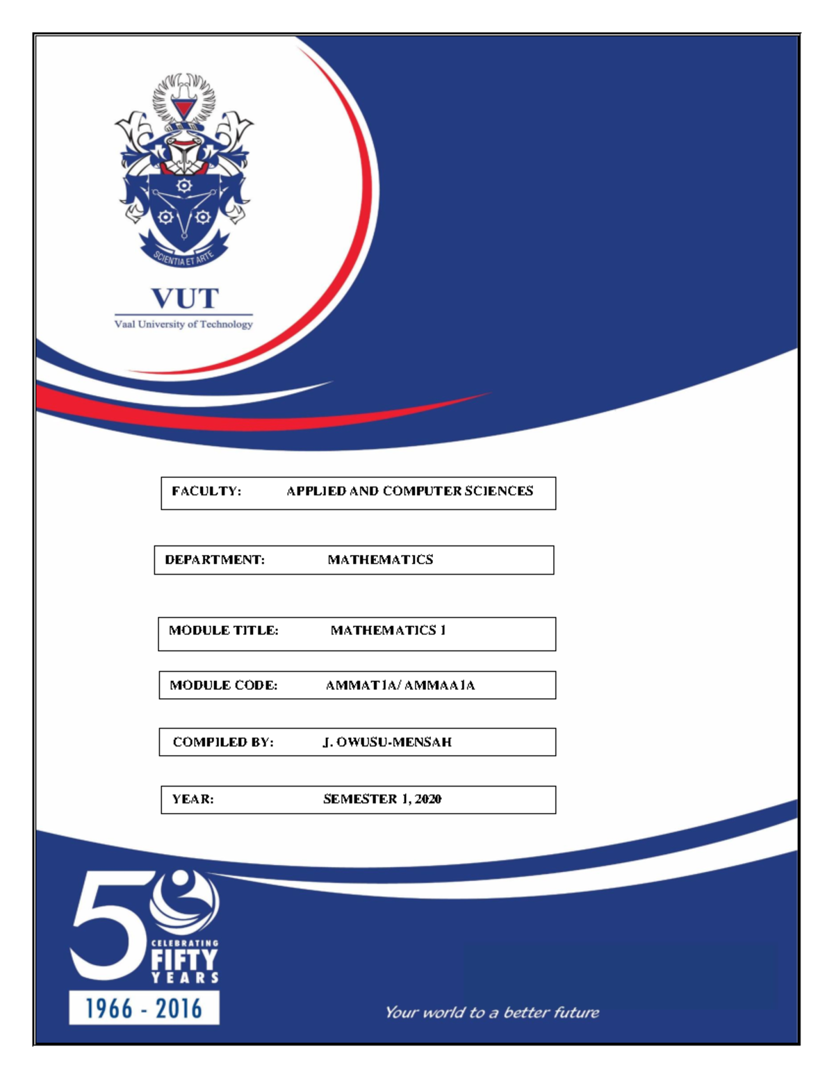 Maths 1 Learner Guide - Faculty : Department : Module Title : Module ...