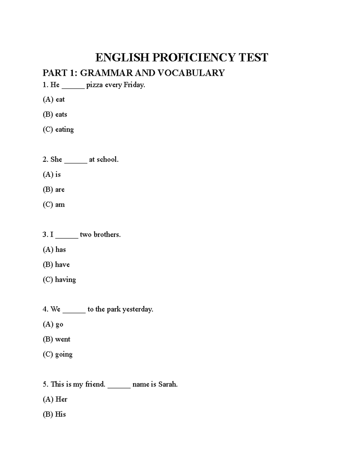 English Proficiency TEST - ENGLISH PROFICIENCY TEST PART 1: GRAMMAR AND ...